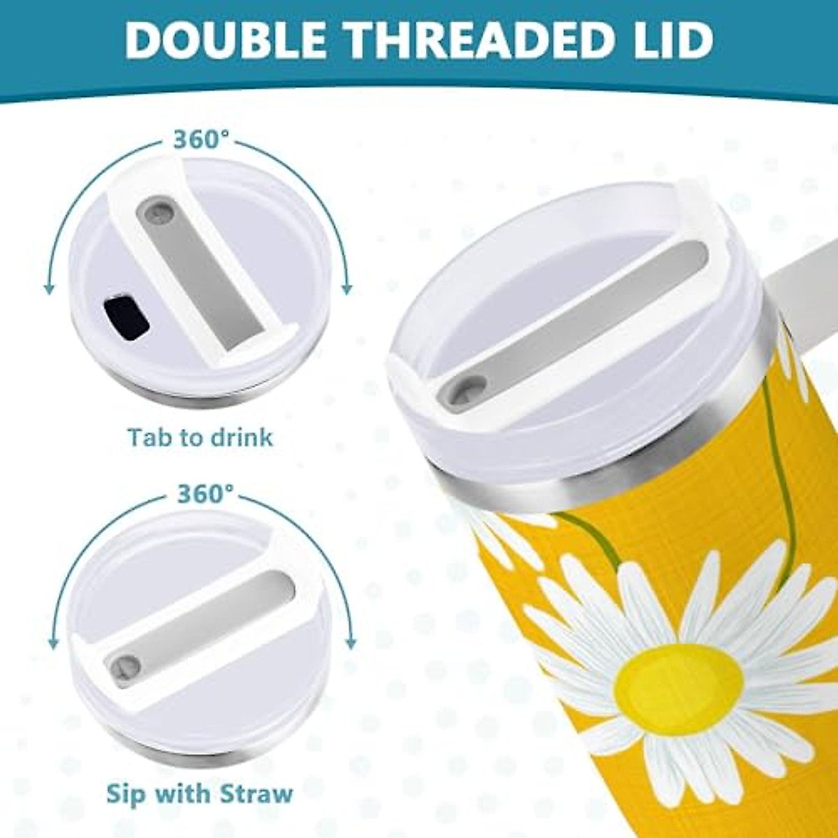 RPLIFE White Daisies Bees Warm Yellow 40 Oz Tumbler with Handle and Straw, Stainless Steel Tumbler with Straw, Coffee Tumbler