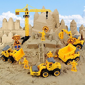 WICOTOO Sand Construction Kit,Sandbox,2.2lbs Magic Sand W/4 Take Apart Construction Trucks,Tower Crane,8 Sand Molds,4 Worker Figures,4 Road Signs,Toys for Boys Girls Age 4-8 Yellow,Brown