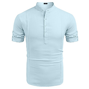 COOFANDY Men's Casual Beach T-Shirts Short Sleeve Henley Pullover Linen Button Down Shirts Fashion Summer Tops Clothing Blue