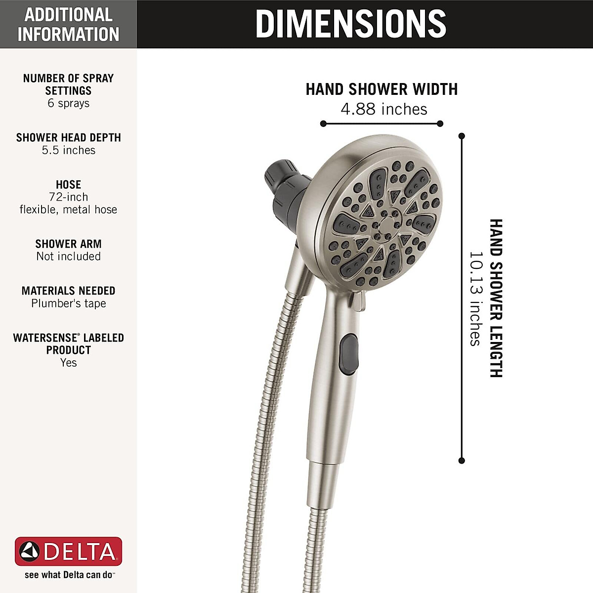 Delta Faucet 6-Setting SureDock Magnetic Shower Head with Handheld Spray, Brushed Nickel Shower Head with Hose, Round Shower Head, Showerheads & Handheld Showers, MagnaTite Docking, Stainless 75609SN