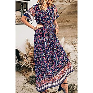 PRETTYGARDEN Women's Casual Summer Boho Floral Print Dress V Neck Short Sleeve High Waist Long Maxi Beach Dresses (Navy,Medium)