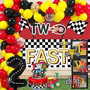 126 PCs Two Fast Birthday Decorations, Fiesec Race Car Theme 2nd Party Decorations Backdrop Balloon Garland Arch Banner Box Cutout Cake Topper Crown Poster Checked Flag Trophy Black Red