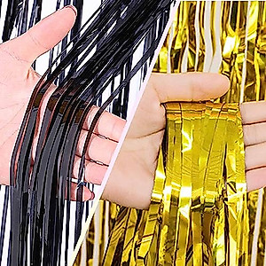 EUFARS Black and Gold Party Decorations - 4Pack 3.2x8.2ft Foil Fringe Curtains for Birthday Graduation Masquerade Gatsby Themed Party Decorations