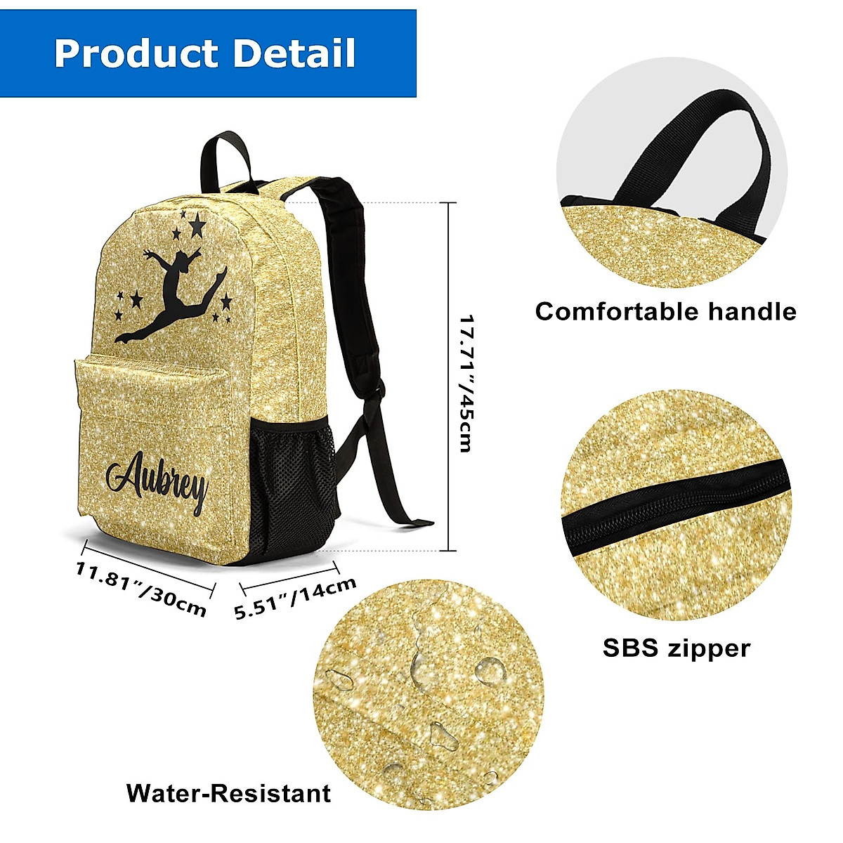 Gymnastic Yellow Gold Glitter Personalized Backpack for Teen Boys Girls,Custom Travel Backpack Bookbag Casual Bag with Name Gift 11.81"(L) x 5.51"(W) x 17.71"(H)