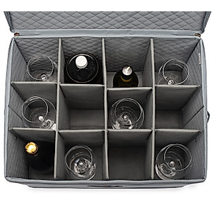 XX-Large Tall Stemware Wine Glass Storage Container (20x15.5x13.2 In). Fully Padded 12-Large Compartments With Hard Top, Bottom and Sides. For Wine Bottles, Glasses, Flutes Up To 13.2 Inches Tall