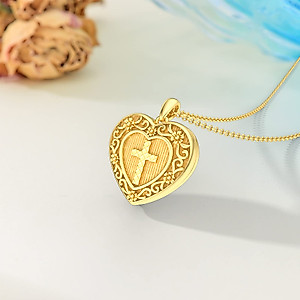 SOULMEET 10k 14k 18k Solid Yellow Gold Christians Cross Heart Locket Necklace That Holds 2 Pictures Personalized Letters Engraved Custom Image Locket Gift for Her (Custom photo & text)