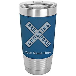 LaserGram 20oz Vacuum Insulated Tumbler Mug, Railroad Crossing Sign 1, Personalized Engraving Included (Faux Leather, Blue)