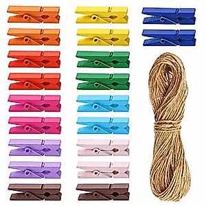 Penta Angel 120PCS Mini Bright Colored Spring Natural Wooden Clothespins Photo Paper Peg Pin Craft Clips with Twine