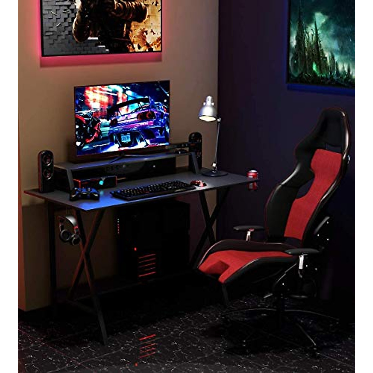 HAPPYGRILL Gaming Desk Home Computer Desk with Cup Holder & Headphone Hook, Professional Gaming Table Gamer Workstation with Built-in Wire-Management