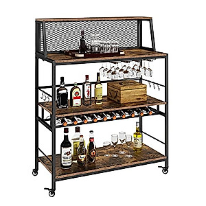 Jevindo Bar Carts for The Home, 41 Inches Liquor Cabinet, Modern Bar Cabinet with Movable Wheels Base, Wine Glasses Holder and Bottles Rack for Kitchen, Living Room, Dining Room, Rustic Brown