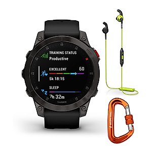 Garmin Epix Gen 2 Smartwatch (Sapphire Black Titanium) Bundle with Wireless Headphones (Black/Lime Green) and Below Zero 12KN Heavy Duty Carabiner (3 Items)
