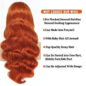 Eteenana Ginger Lace Front Wigs Human Hair Pre Plucked Body Wave 13x4 HD Transparent Lace Front Wigs Human Hair Colored 100% Brazilian Orange Glueless Human Hair Wigs for Women 180% Density (20 Inch)