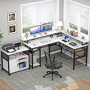 Unikito Reversible L Shaped Desk, Cool 55 Inch Corner Computer Desk with Smart Strip Light and Magic Power Outlet, Elegant Grid Design, Sturdy Office Table with Monitor Stand and Storage Shelf, White