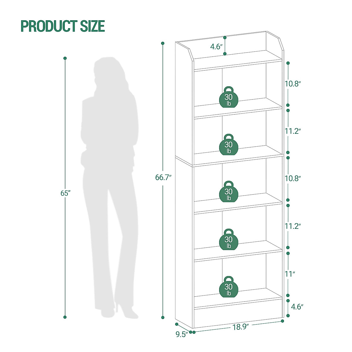 Hzuaneri 6-Tier Bookshelf, 66.7 Inches Floor Standing Bookcase, Display Storage Shelf, Corner Shelf, Home Decor Furniture for Home Office, Living Room, Bedroom, Black 02904XBC