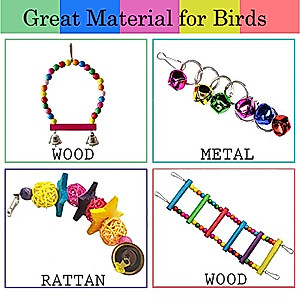 7 Pcs Bird Parakeet Cockatiel Toys, ESRISE Hanging Bell Pet Bird Cage Hammock Swing Climbing Ladders Toy Wooden Perch Chewing Toy for Conures, Love Birds, Finche, Budgerigar