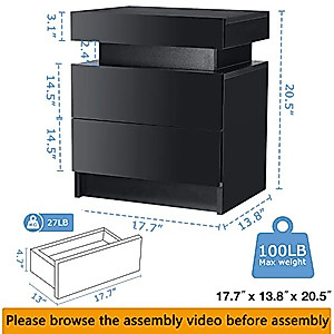 HOMMPA LED Nightstand Modern Black Nightstand with Led Lights Wood Matte Led Bed Side Table Night Stand with 2 High Gloss Drawers for Bedroom 20.5" Tall