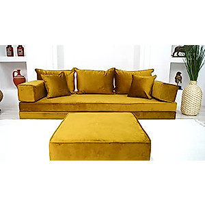 Gold Velvet Fabric Floor Seating, Sectional Sofa, Velvet Floor Sofa, Meditation Sofa, Arabic Floor Sofa Set, Floor Couches (Sofa + Ottoman, 8'' Thickness Sofa)
