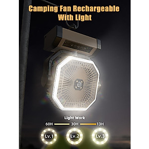 Camping Fan Rechargeable - 9-Inch Battery Powered Fan, 20000mAh(60Hrs) Battery Operated Fan for Camping, Auto Oscillation Cordless Fan, Tent Fan with Remote/Light, 4 Speeds, 4 Timing, Outdoor