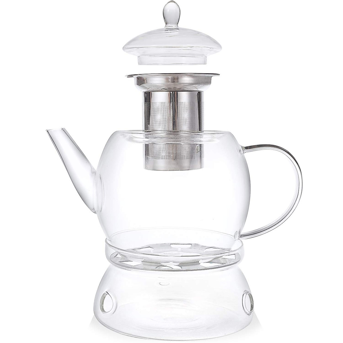 Teabloom Prague Glass Tea Maker & Warmer Set – Large Capacity (45 oz) – Heatproof Borosilicate Glass Teapot with Removable Stainless Steel Loose Tea Infuser – Stovetop Safe Kettle