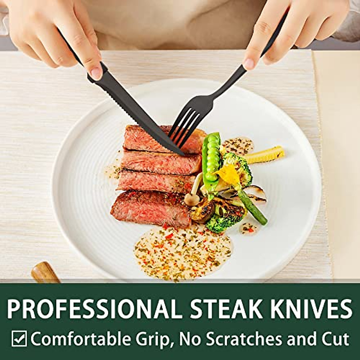 48-Piece Black Silverware Set with Steak Knives, Black Flatware Set for 8, Food-Grade Stainless Steel Tableware Cutlery Set, Utensil Sets Kitchen Cutlery for Home Office Restaurant Hotel