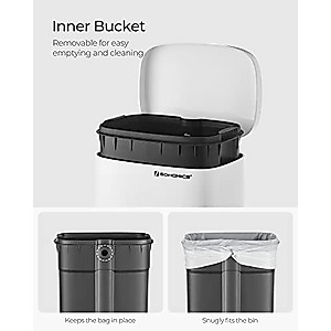 SONGMICS 8-Gallon Trash Can, Stainless Steel, with Hinged Lid, Plastic Inner Bucket, Soft Closure, Odor Proof, Hygienic, White