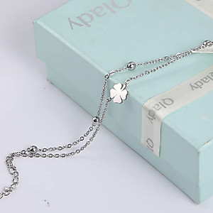 Dreamtimes Stainless Steel Lucky Bracelet Good Luck Four-Leaf Clover Bracelet Double Beads Light Luxury Jewelry Simple Charm Bracelets for Women for Friends for Lovers (Four-Leaf Clover + Beads)