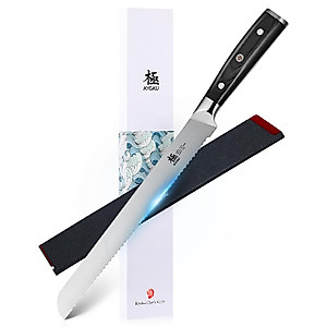 KYOKU 10" Serrated Bread Knife, Samurai Series Serrated Knife for Homemade Bread Pastries with Pakkawood Handle, Japanese High Carbon Steel Cake Knife, Full Tang Bread Cutting Knife with Sheath & Case