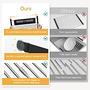 Yofidra Expandable Roll-Up Dish Drying Rack (Up to 19.6") with Expandable Storage Basket, Over-The-Sink Dish Drainer Drying Rack, Foldable Stainless Steel Kitchen Drainer - Black