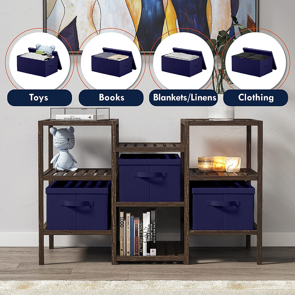 Ornavo Home 3 Pack Collapsible Storage Bins with Lid, Foldable Fabric Shelf Storage Basket Closet Organizer and Large Storage Box for Clothes with Handles, 16.5 x 11.5 x 7.5, Beige