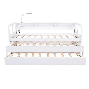 Epinki Twin XL Wood Daybed with 2 Trundles, 3 Storage Cubbies, 1 Light for Free and USB Charging Design, White, Kids Bed