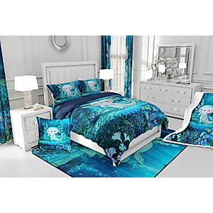 Manfei Cartoon Axolotl Twin Size Comforter Set,Cute 3D Ocean Animal Quilt Set Soft Bed Collection,Blue Seaweed Plant Bedding Comforter for Boys Girls Kawaii Bedroom Decor,2 Pcs