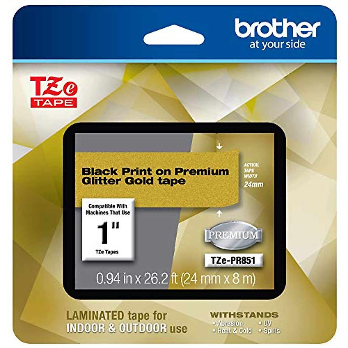 Brother P-touch TZe-PR851 Black Print on Premium Glitter Gold Laminated Tape 24mm (0.94”) wide x 8m (26.2’) long
