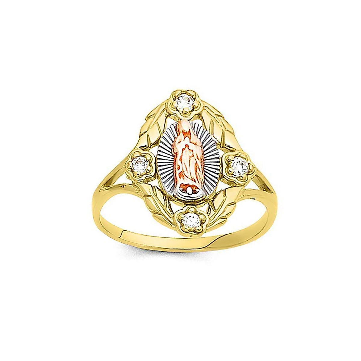 Savlano 18K Gold Plated Yellow White & Rose Tri Color Lady of Guadalupe Virgin Mary with 4 Round Cut Cubic Zirconia Women Religious Ring (7)