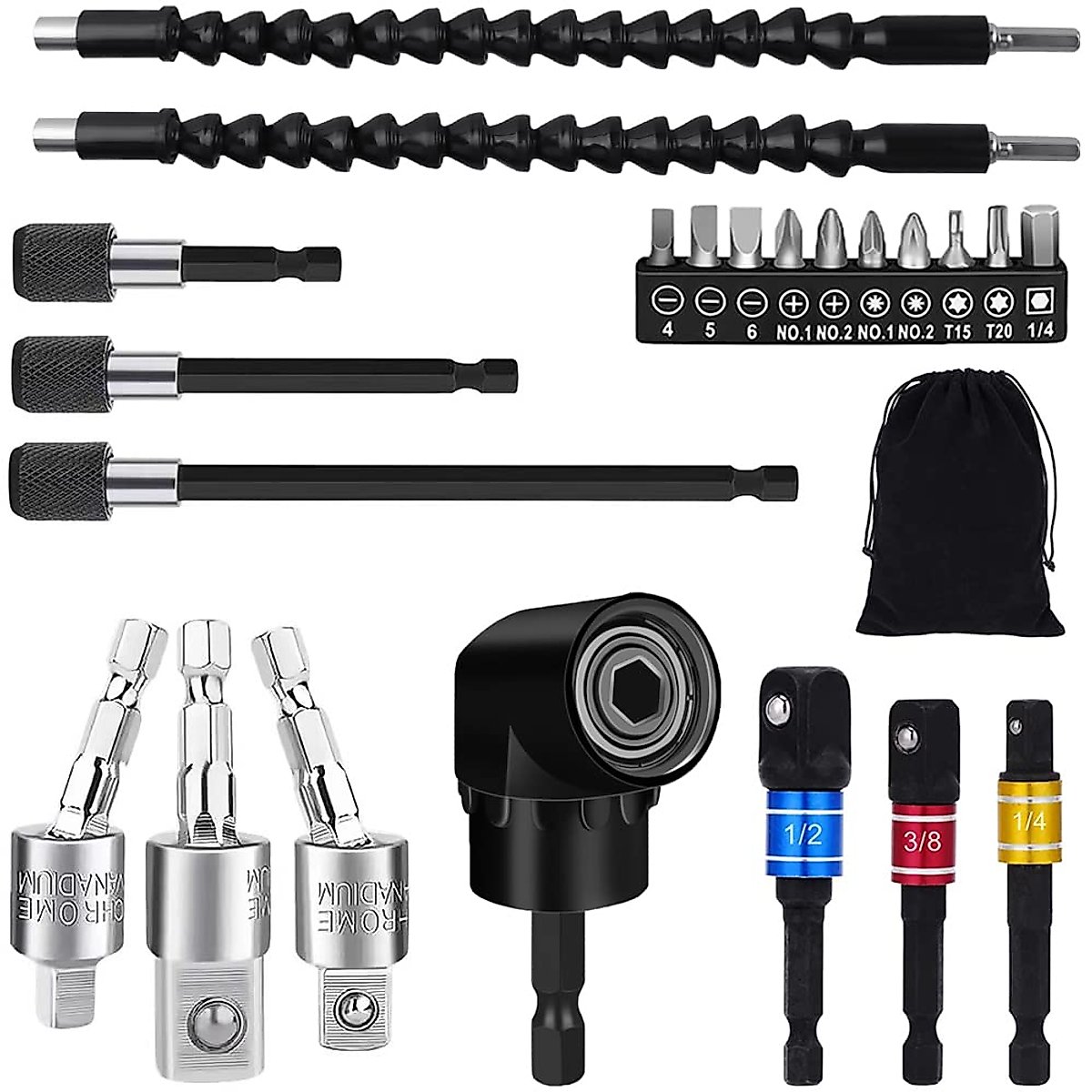 Flexible Drill Bit Extension Set, 105° Right Angle Drill Attachment, 1/4 3/8 1/2" Hex Shank Impact Driver Socket Adapter Rotatable Socket, Bendable Drill Bit Extension and Screwdriver Bit Kit