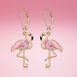 Flamingo Earrings for Women Christmas Flamingo Dangle Earrings Rose Gold Sterling Silver Leverback Flamingos Jewelry