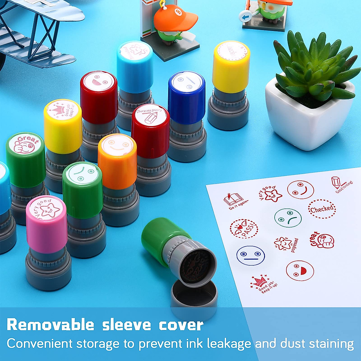 12 Pack Sorted Teacher Stamp Self-Inking Rubber Stamps Picture Stamps for Teachers Motivation Stamps Teacher Review Photosensitive Stamps Behavior Stamps for Kids Students School Classroom Homework
