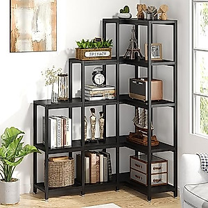 Tribesigns 5-Tier Corner Bookshelf, 63” Tall Modern L-Shaped Bookshelf Corner Bookcase, 17 Shelves Black Stepped Bookcase Display Rack Storage Shelf for Living Room Home Office (Black)