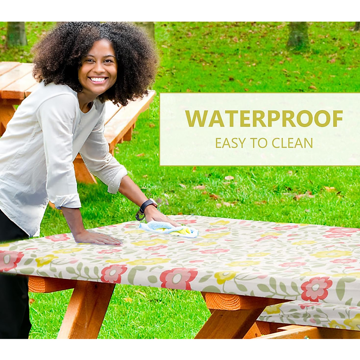 LINPRO 6ft Fitted Picnic Table Cover with Bench Covers. Vinyl Outdoor Camping Picnic Tablecloth, 3 Piece Set Camping Gear. Waterproof, Stain Resistant, Reusable. Flannel Backing with Elastic Edges.72