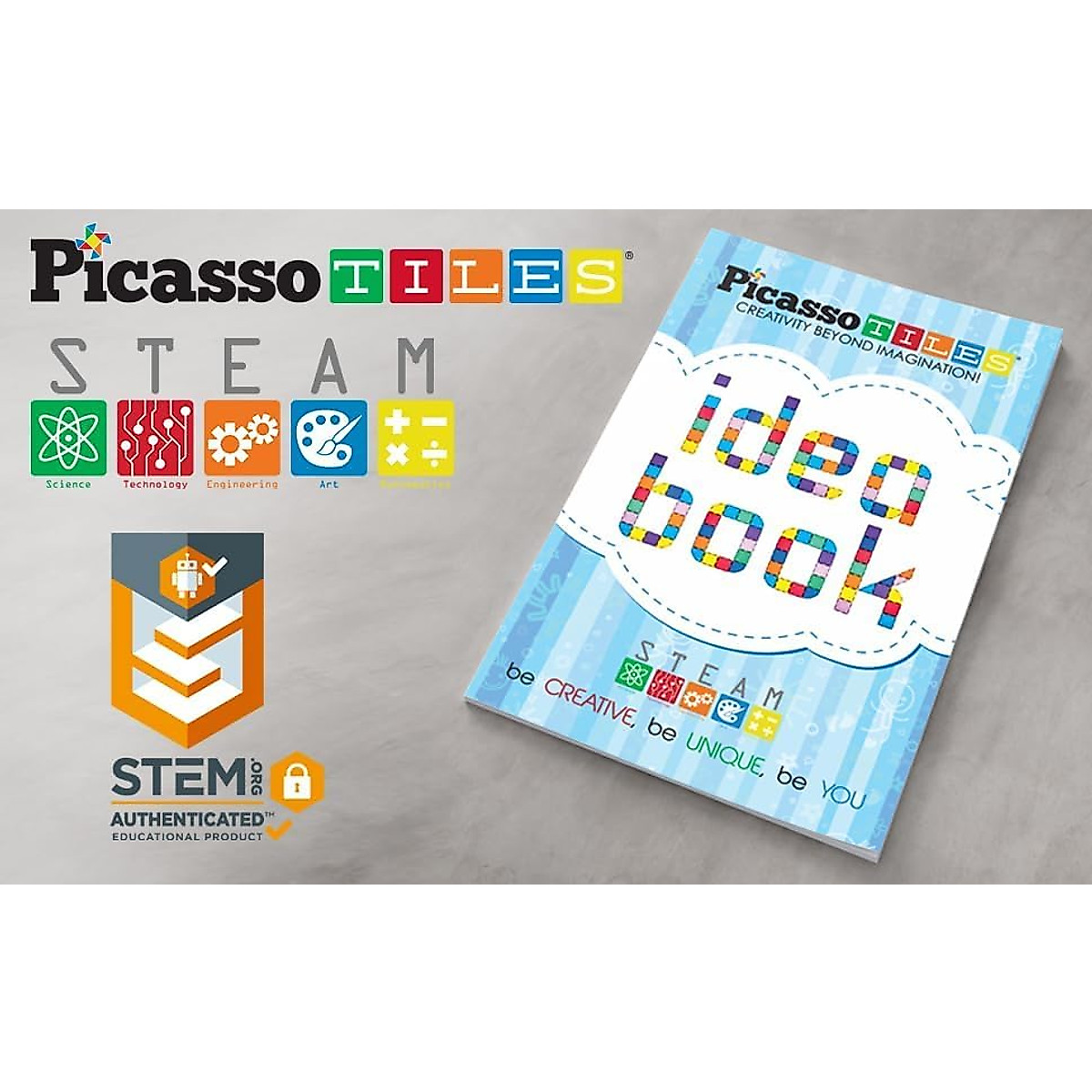 PicassoTiles STEAM Idea Book - 230 Pages of Magnet Tiles Building Block Creation Ideas Installation Instruction Toy Difficulty Guide Indicator Learning Book Brain Development for Kids Age 3+