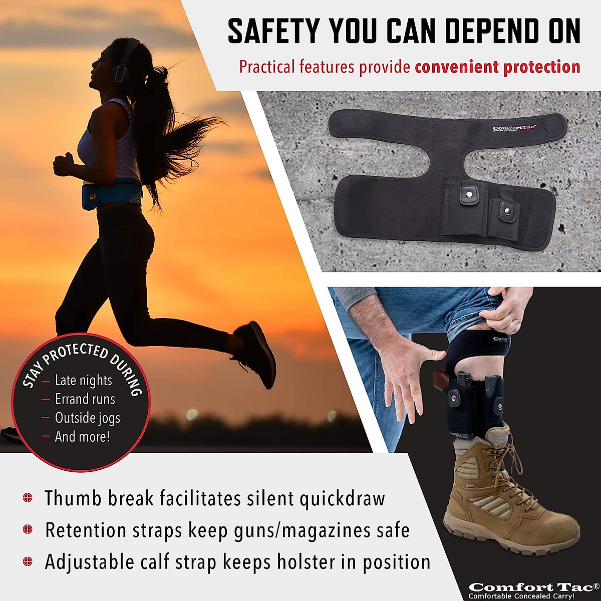 ComfortTac Ankle Holster with Calf Strap and Spare Magazine Pouch for Concealed Carry - One Size Fits Most - Compatible w/Glock 19, 26, 36, 42, 43, S&W Shield, Bodyguard 380, Ruger LCP, LC9, and More