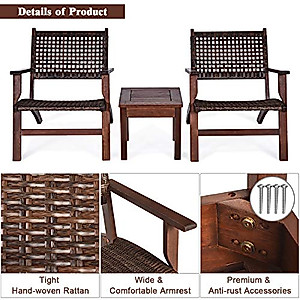 Tangkula 3 PCS Patio Conversation Set, Solid Eucalyptus Wood Frame Outdoor Wicker Furniture Set Bistro Set with Coffee Table, Rattan Furniture Set for Backyard Porch Garden Poolside Balcony (Brown)