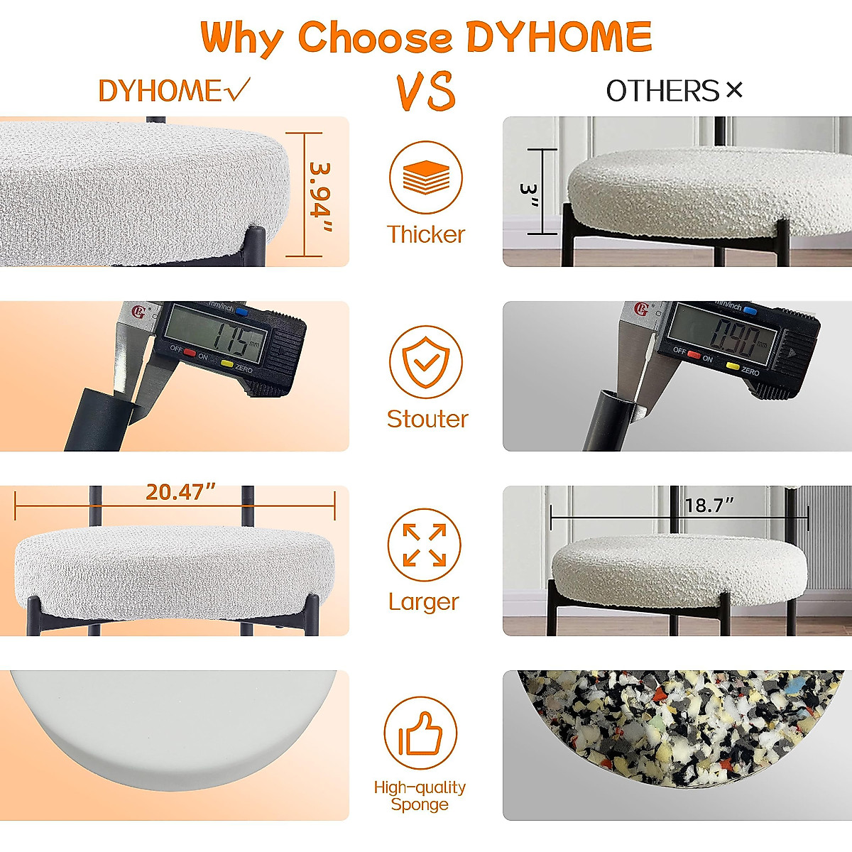 DYHOME Light Grey Dining Chairs Set of 4, Modern Dining Room Chairs Mid-Century, Round Upholstered Kitchen Chairs with Black Metal Legs, Boucle Sherpa Dining Chair