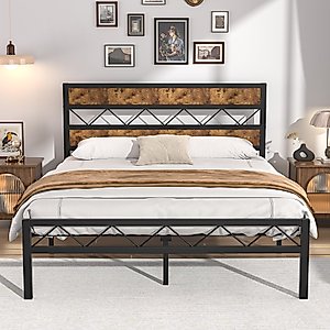 VECELO Queen Metal Platform Bed Frame with Rustic Vintage Wooden Headboard, Heavy Duty Metal Slats Support, Platform Mattress Base No Box Spring Needed, No Noise, Easy Assembly，Rustic Brown