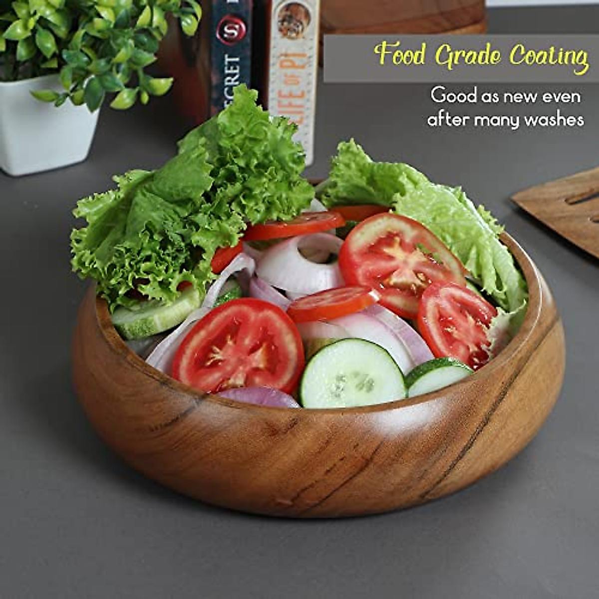 LAVAUX DESIGNS Acacia wooden salad bowls set of 2, large individual bowls 8 x 2 inches (25 oz) with Food safe wood coating | Jointless plates type shallow wooden bowls for food like pasta in dinner