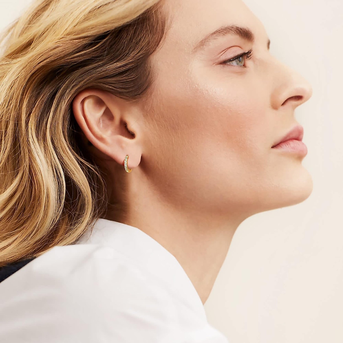 NEARLAND 14K Gold Huggie Hoop Earrings for Women 14K Gold Earrings Small Gold Hoop Earrings Gold Diamond Hoop Earrings for Women with Round Cubic Zirconia,12mm 14mm 16mm (14mm)