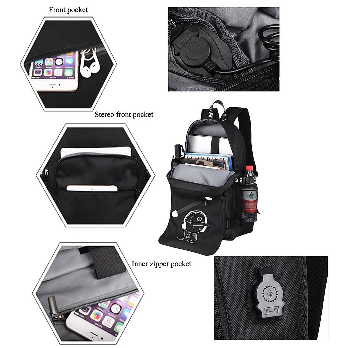 Anime Luminous Backpack Noctilucent School Bags Daypack USB chargeing port Laptop Bag Handbag For Boys Girls Men Women (Music boy 2)