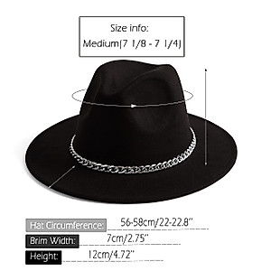 Gossifan Women Men Wide Brim Fedoran Hat with Chain Belt Buckle - Dark Night