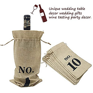 Shintop 10pcs Jute Wine Bags, 14 x 6 1/4 inches Hessian Numbered Wine Bottle Gift Bags with Drawstring for Blind Wine Tasting (Brown)