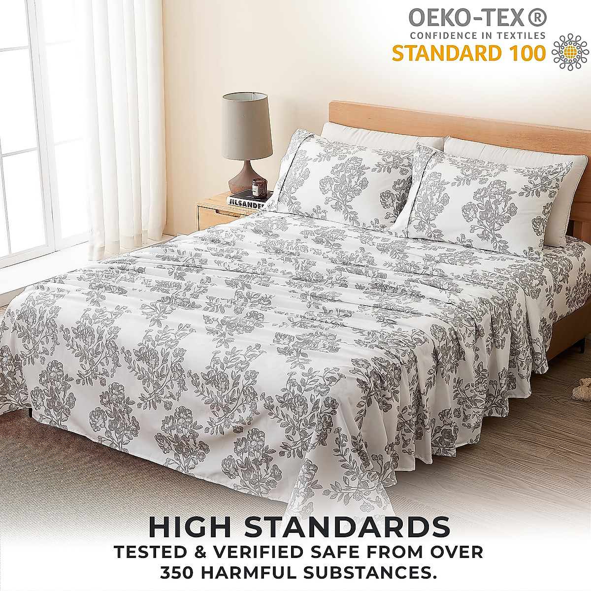 4-Piece Queen Printed Microfiber Sheet Set | Ultra-Soft, Brushed Bedding Sheets & Pillowcases | Wrinkle & Fade Resistant, All-Season Bed Sheets for Bed (Queen, Toile - Grey)