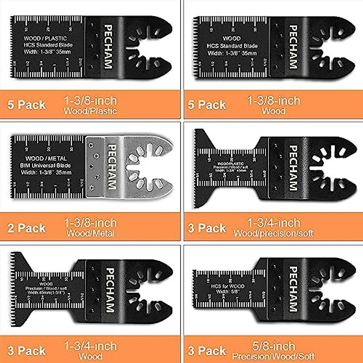 PECHAM 21PCS Universal Wood Metal Oscillating Multitool Quick Release Saw Blades Fit Porter Cable Black & Decker Rockwell Ridgid Ryobi Milwaukee DeWalt Chicago Craftsman